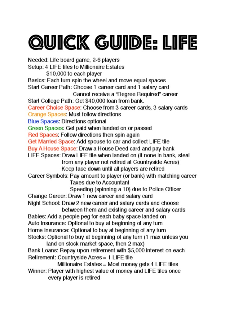 A Quick Guide to Playing the Board Game 'LIFE': Rules Overview for a ...