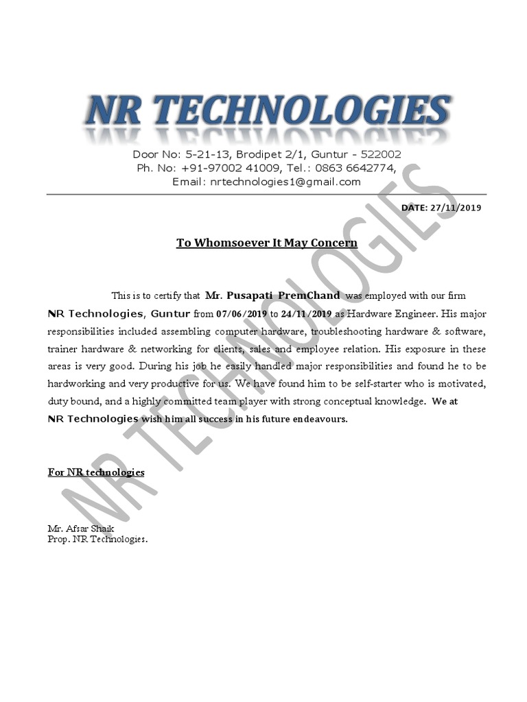 Experience Certificate For Computer Hardware Engineer | PDF