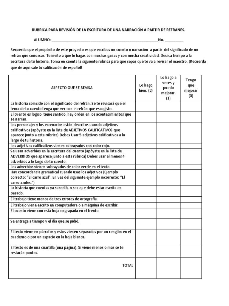 Rubrica Para Revisión de La Escritura de Una Narración a Partir de ...