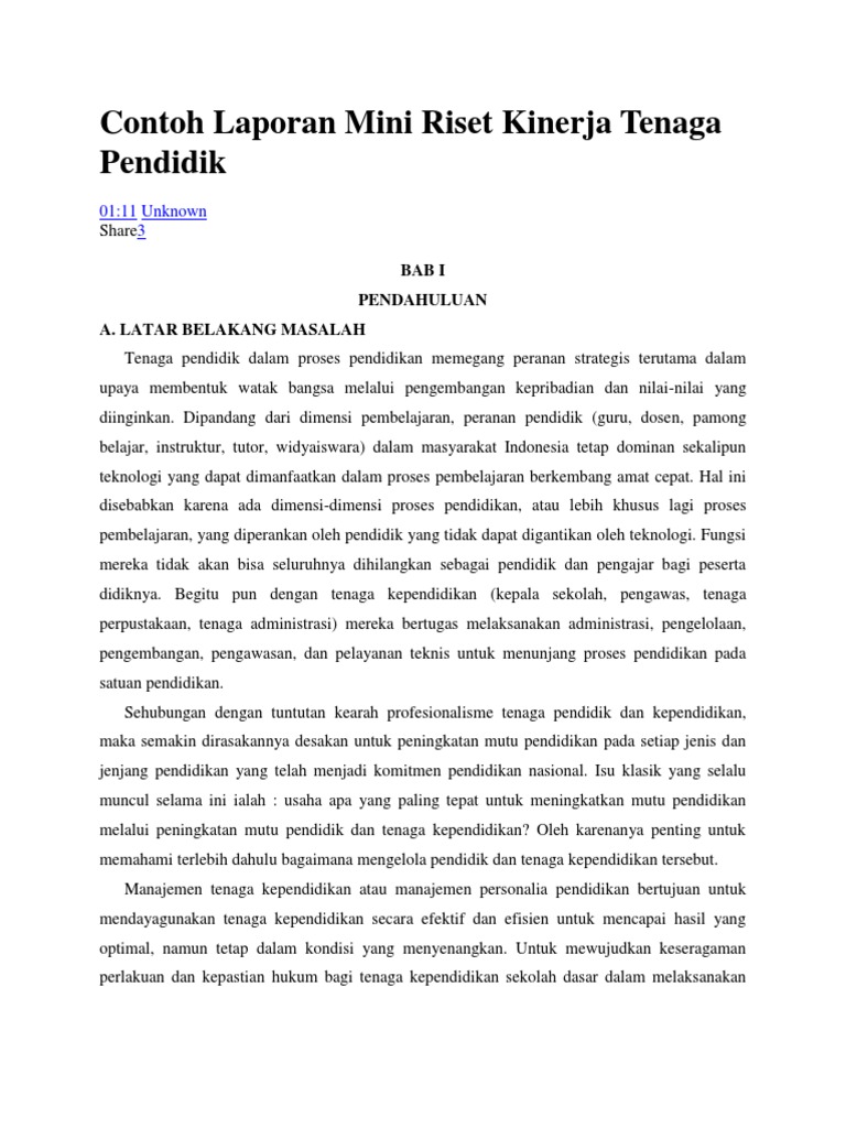 Contoh Laporan Mini Riset Kinerja Tenaga Pendidik | PDF Contoh Laporan Mini Riset Kinerja Tenaga Pendidik | PDF