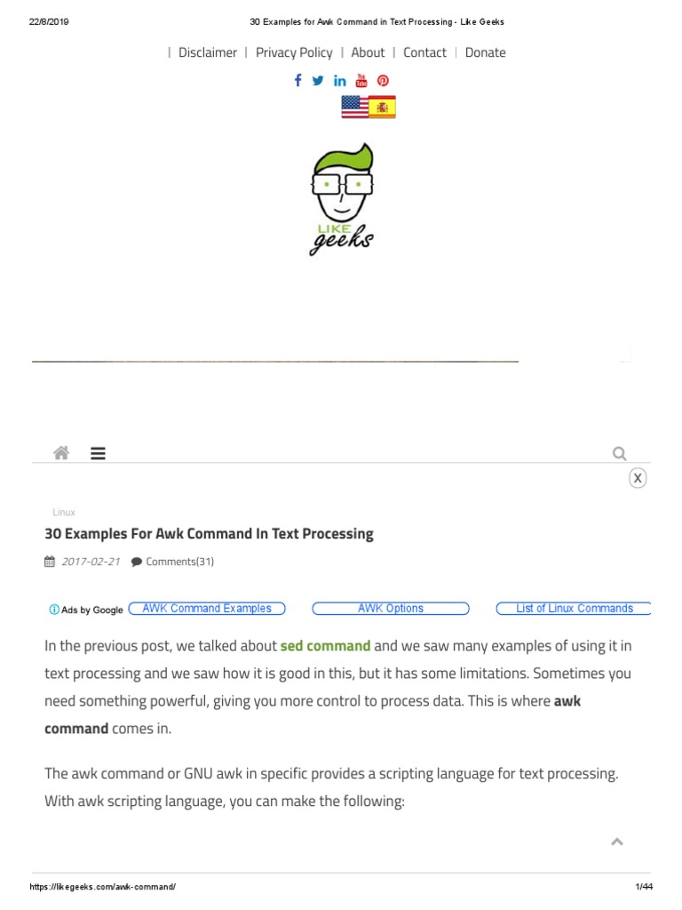 30 Examples For Awk Command in Text Processing - Like Geeks | PDF | Command Line Interface ...
