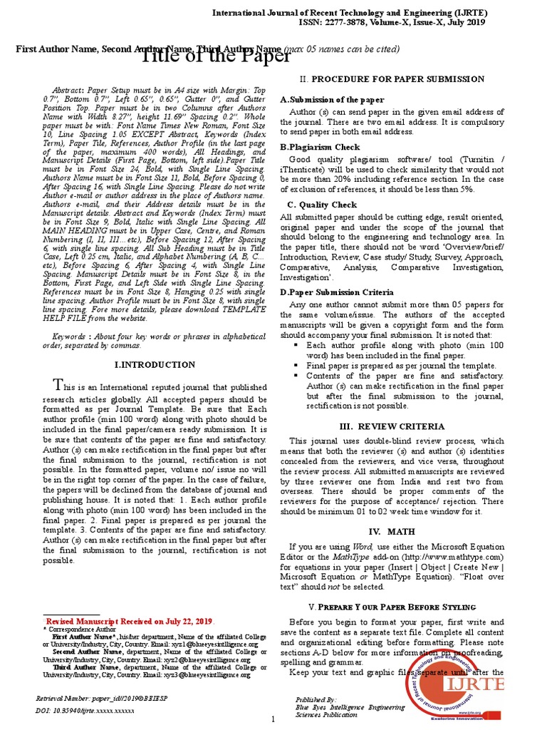 Title of The Paper: First Author Name, Second Author Name, Third Author ...