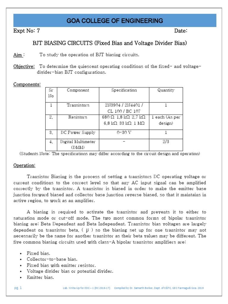 Expt 7 BJT Biasing Circuits | PDF | Bipolar Junction Transistor ...