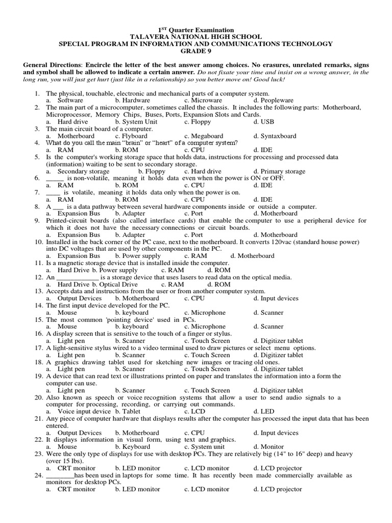CSS Examination Grade 9 First Quarter | PDF | Computer Monitor | Personal Computers