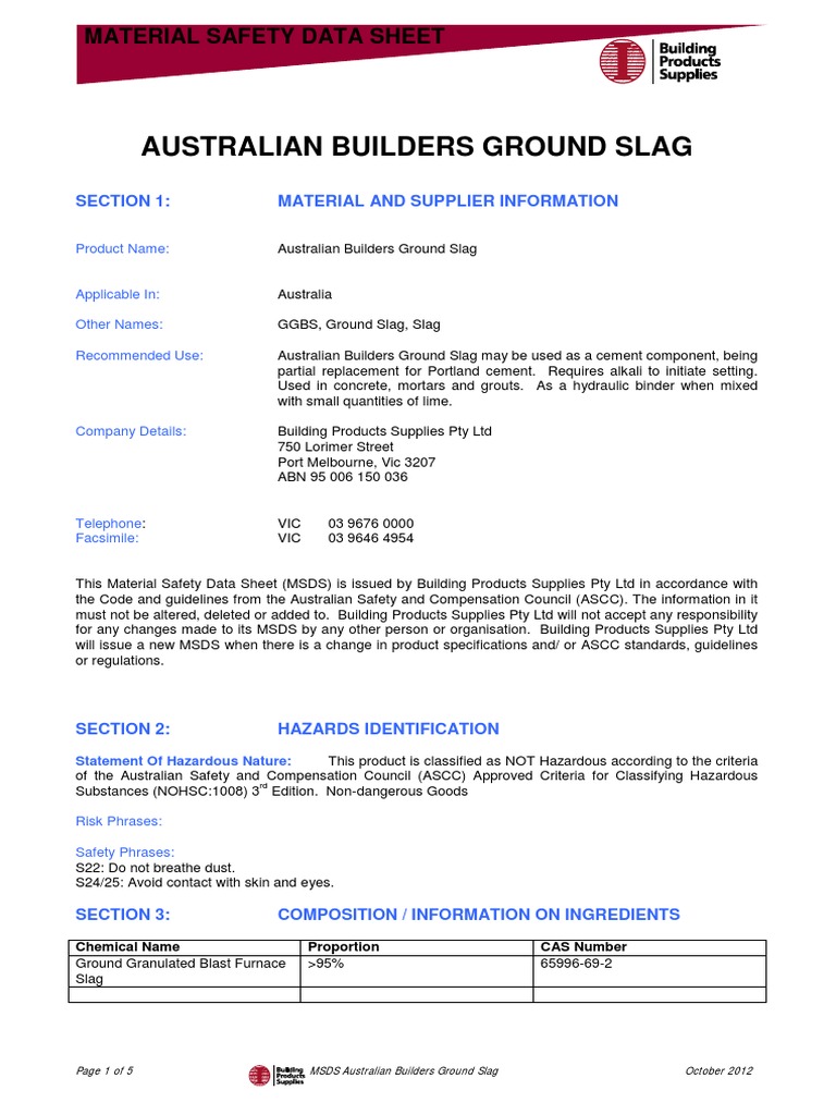 Australian Builders Ground Slag | PDF | Dust | Dangerous Goods