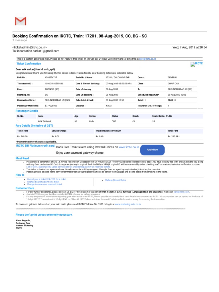 IRCTC Train Ticket Confirmation | PDF | Ticket (Admission) | Credit Card