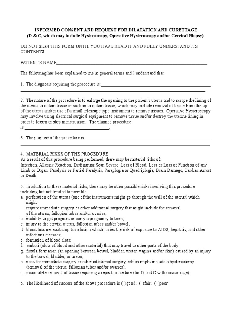 Informed Consent and Request For Dilatation and Curettage (D & C, Which ...