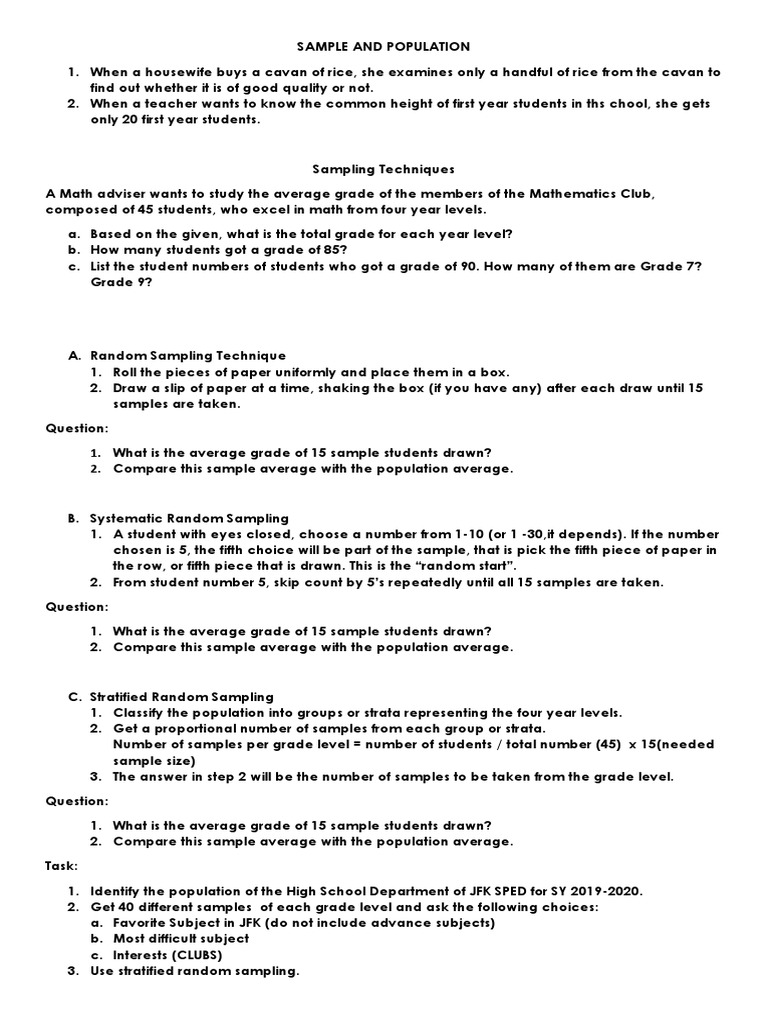 Sampling techniques for studying math club grades | PDF | Sampling ...