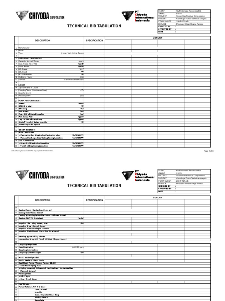 Technical Bid Tabulation: Vendor Description Specification | PDF | Pump ...