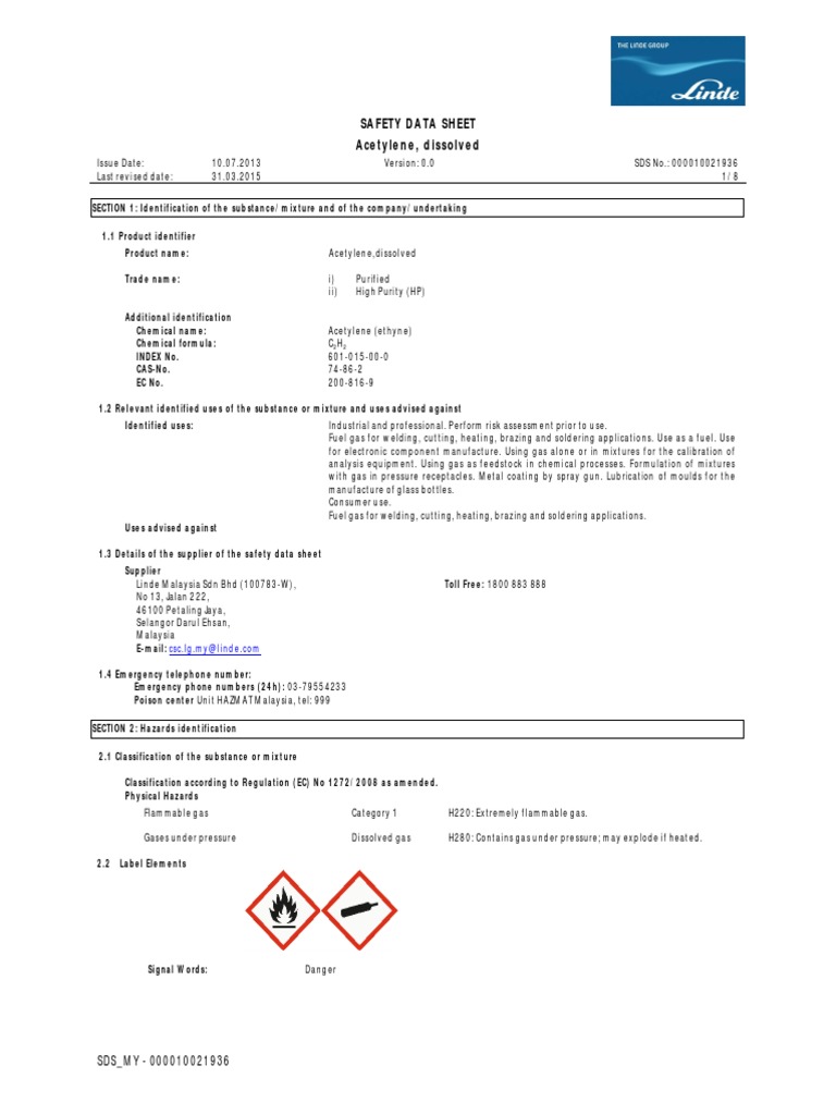 Safety Data Sheet Acetylene, Dissolved: SDS - MY - 000010021936 | PDF ...