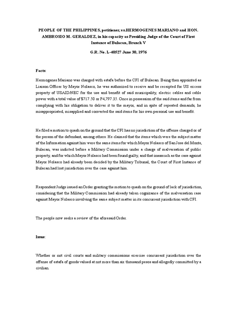 PEOPLE V MARIANO G.R. No. L-40527 June 30, 1976 | PDF | Jurisdiction ...
