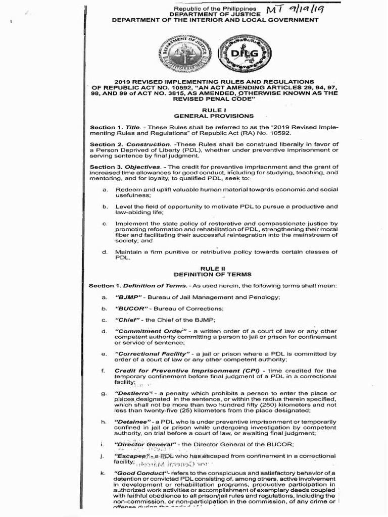 2019 Revised IRR of RA 10592 | PDF | Prison | Sentence (Law)