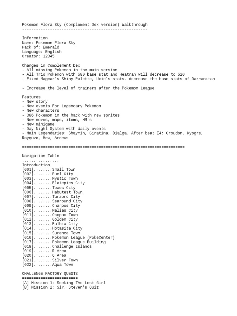 Pokemon Flora Sky (Complement Dex Version) Walkthrough | PDF | Nintendo ...