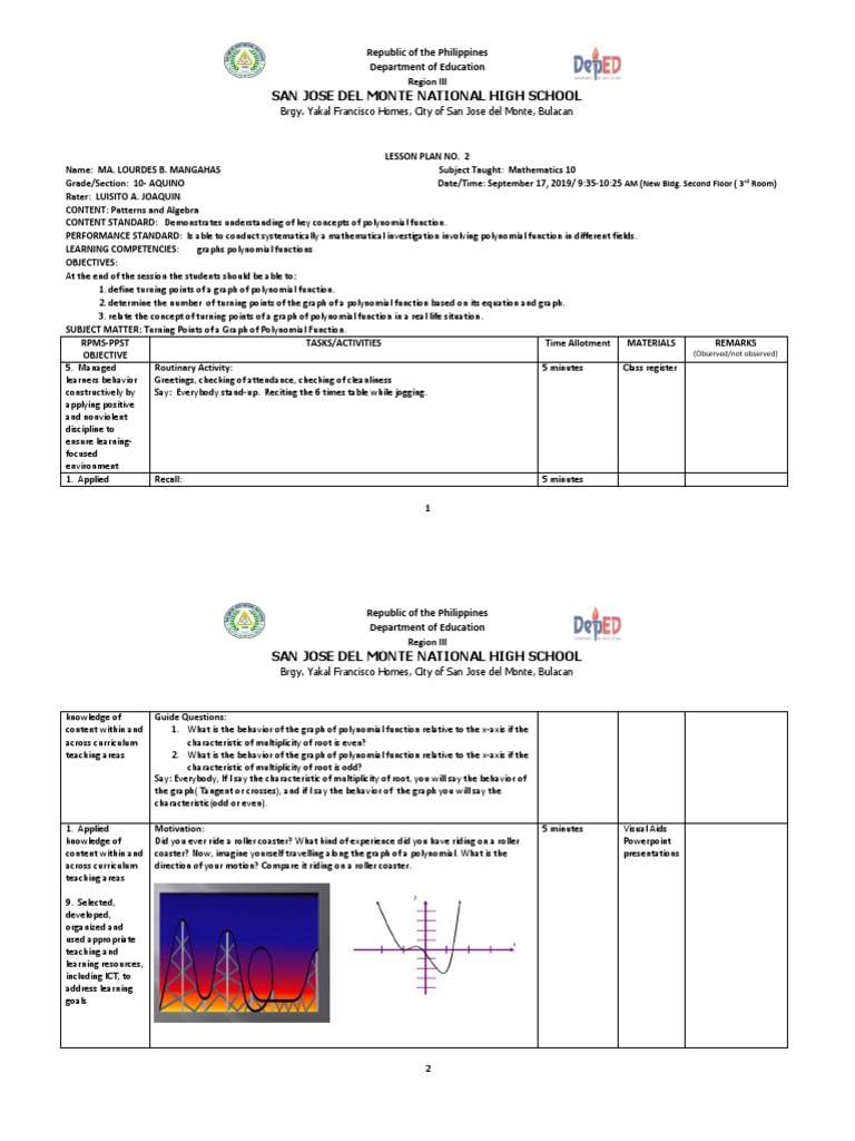 Lesson Plan | PDF | Polynomial | Function (Mathematics)