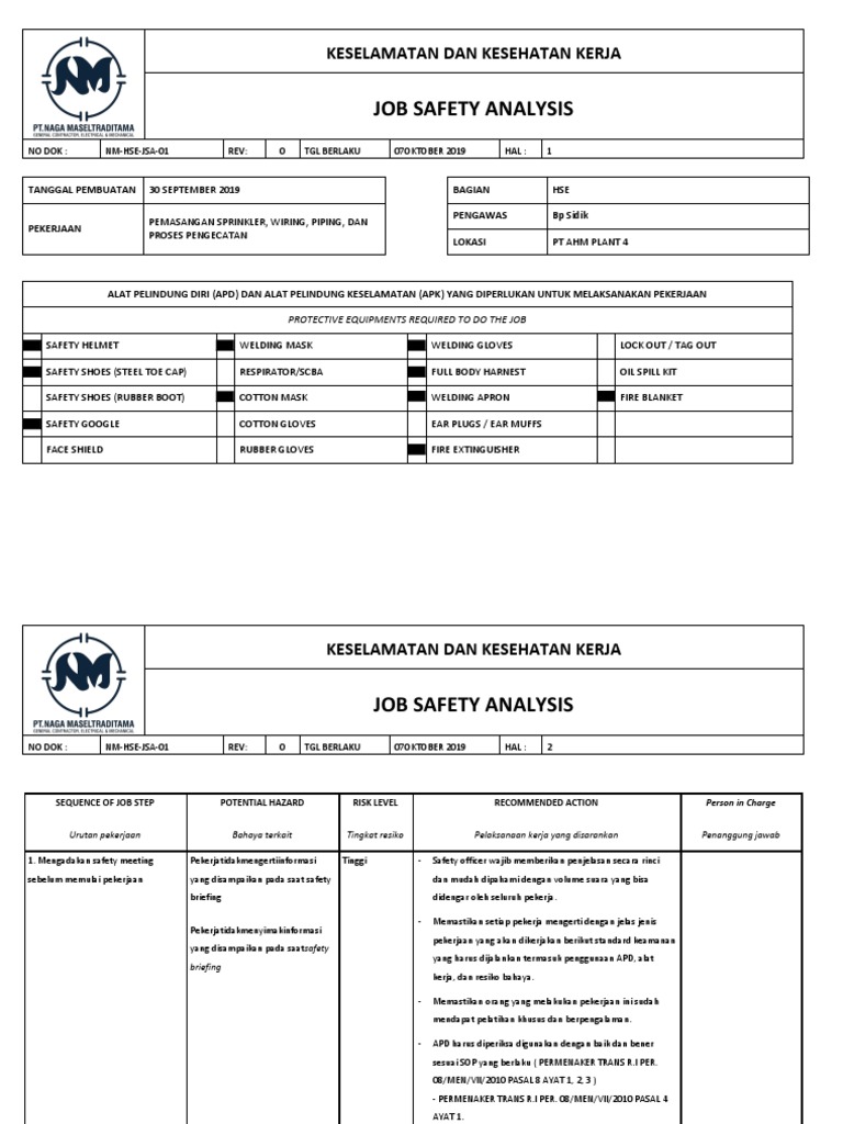 Job Safety Analysis: Keselamatan Dan Kesehatan Kerja | PDF