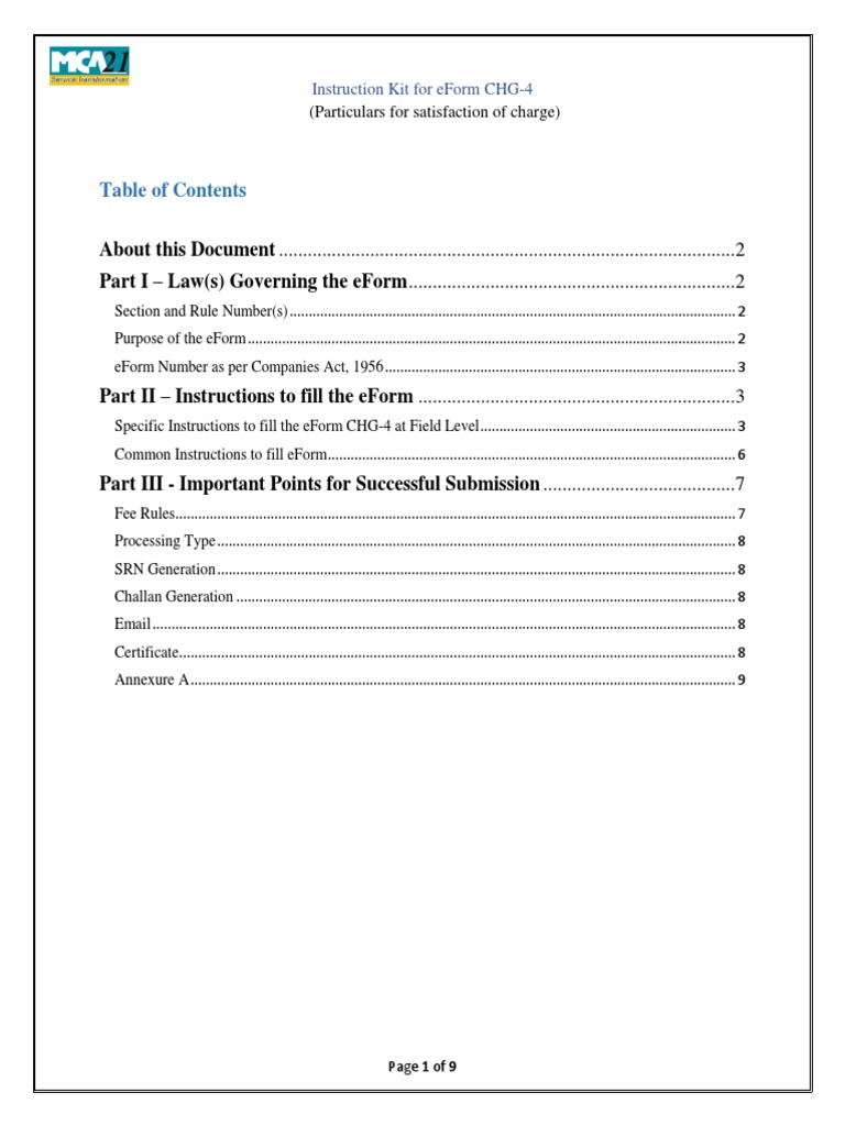 (Particulars For Satisfaction of Charge) : Instruction Kit For Eform ...