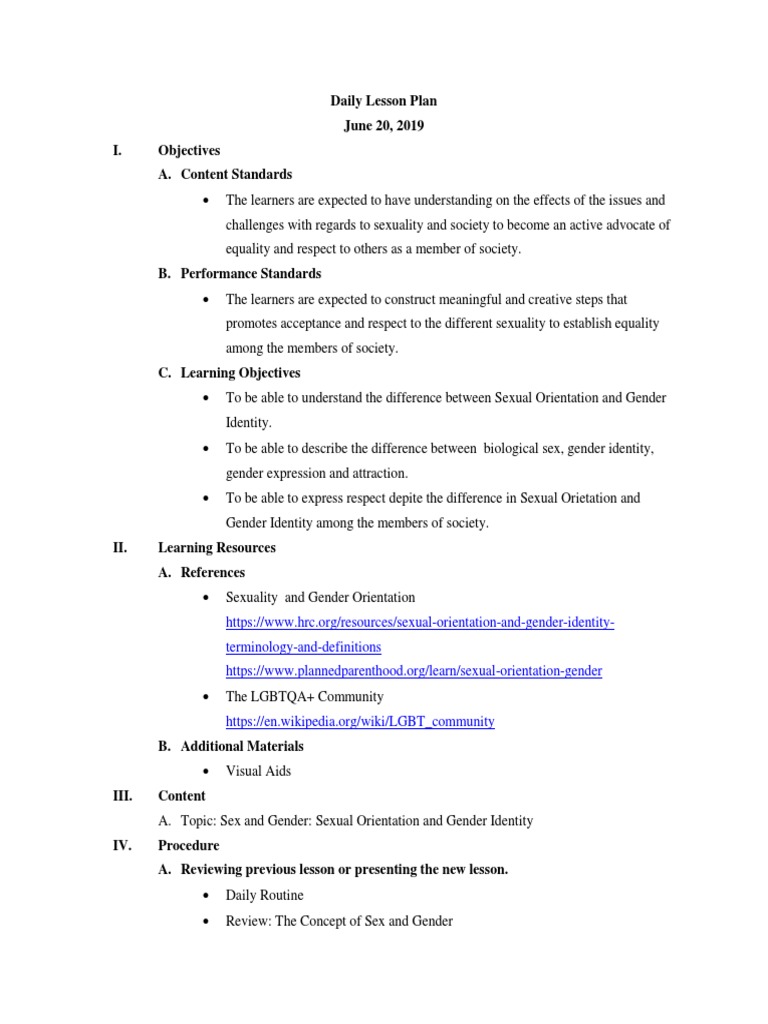Daily Lesson Plan | PDF | Sexual Orientation | Gender