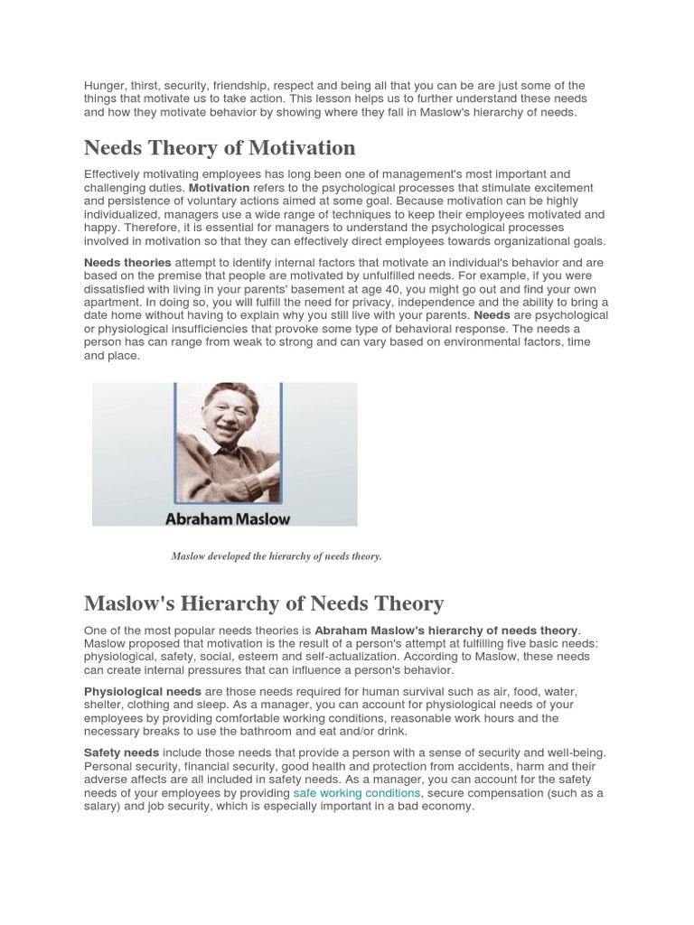 Needs Theory of Motivation | PDF | Motivation | Motivational