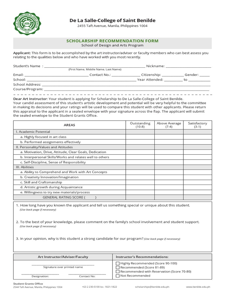 De La Salle-College of Saint Benilde: Scholarship Recommendation Form ...