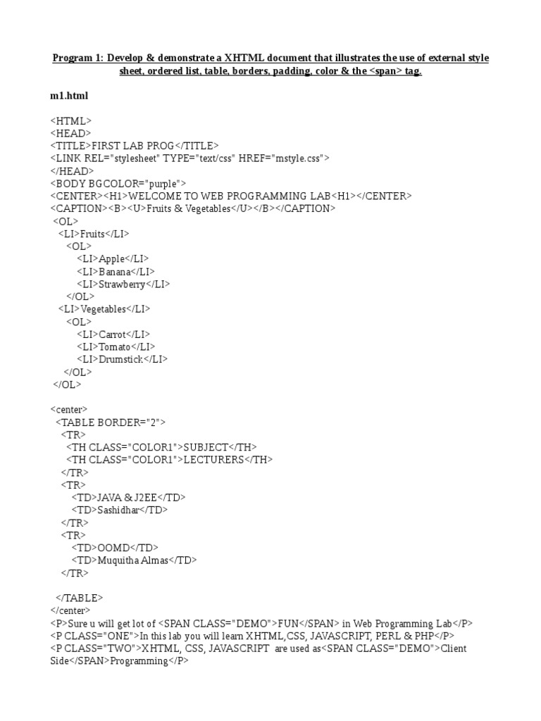 Program 1: Develop & Demonstrate A XHTML Document That Illustrates The ...