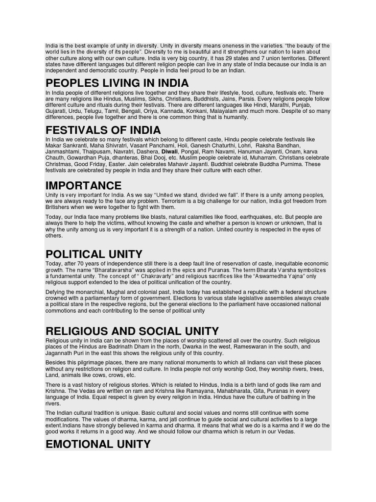 India Is The Best Example of Unity in Diversity | PDF | South Asia ...