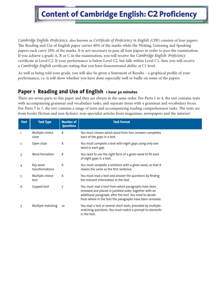 Cambridge C2 Proficiency Exam Overview | PDF | Educational Assessment ...