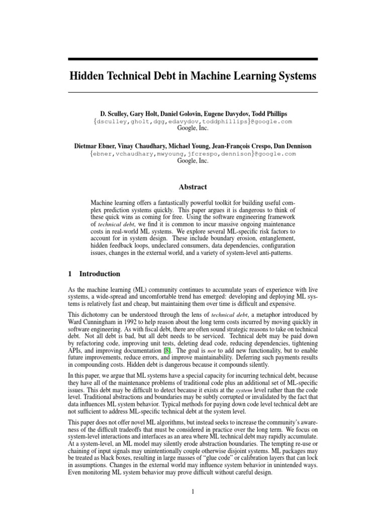 Hidden Technical Debt in Machine Learning Systems | PDF | System ...