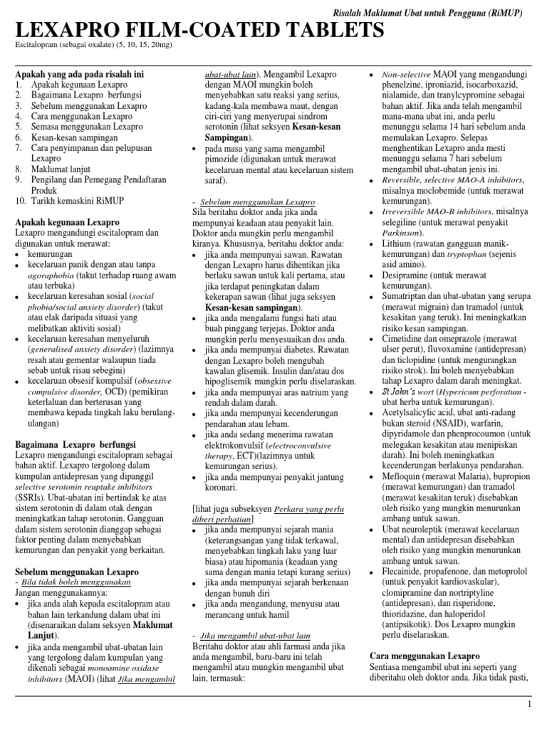 LEXAPRO Tablet 5-10-15 20 MG Escitalopram Oxalate Lundbeck Malaysia Sdn ...