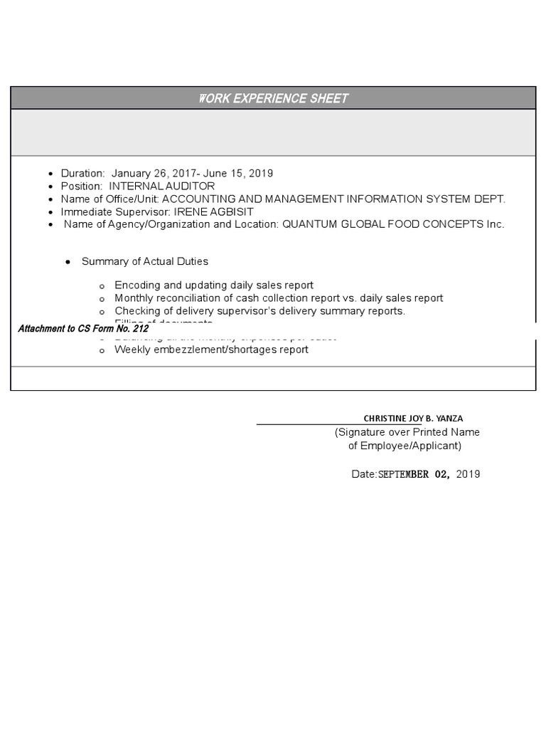 W Ork Experience Sheet: Attachment To CS Form No. 212 | PDF