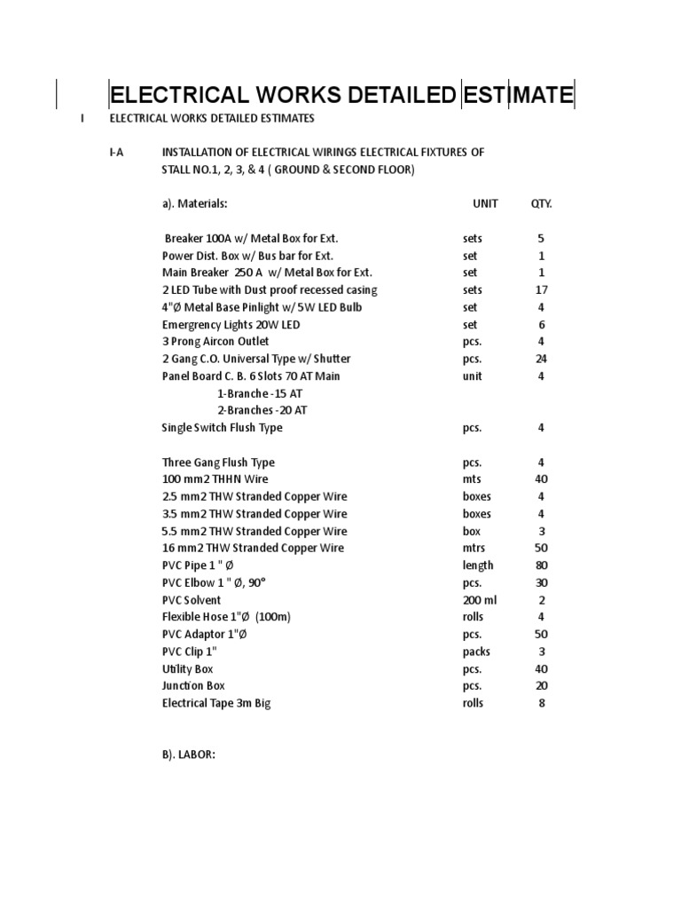Electrical Works Detailed Estimates | PDF | Wire | Electrical Wiring