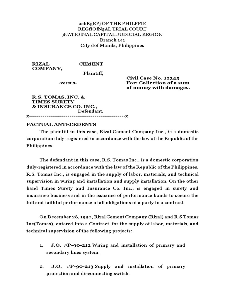 Rizal Cement Company, Civil Case No. 12345 For: Collection of A Sum of ...