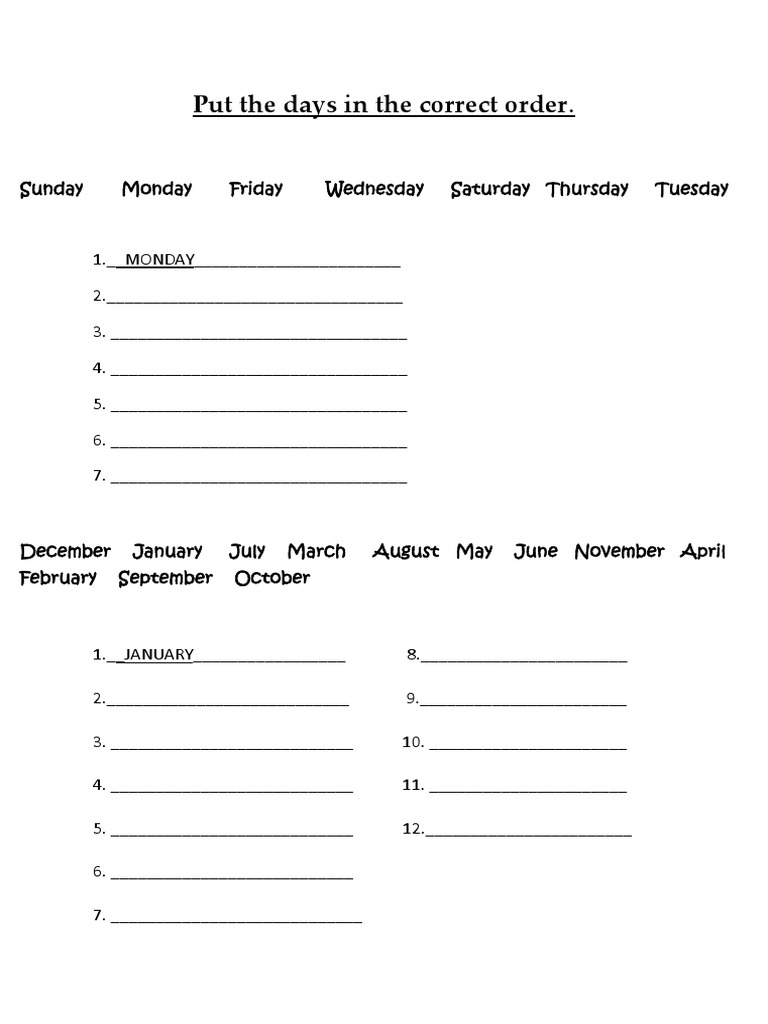 Ordering Days of the Week and Months of the Year | PDF