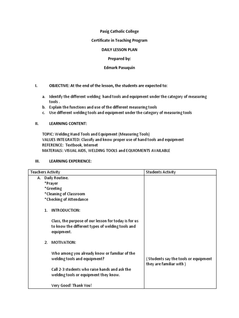 Lesson Plan Welding Tools and Equipment | PDF | Learning | Behavior ...
