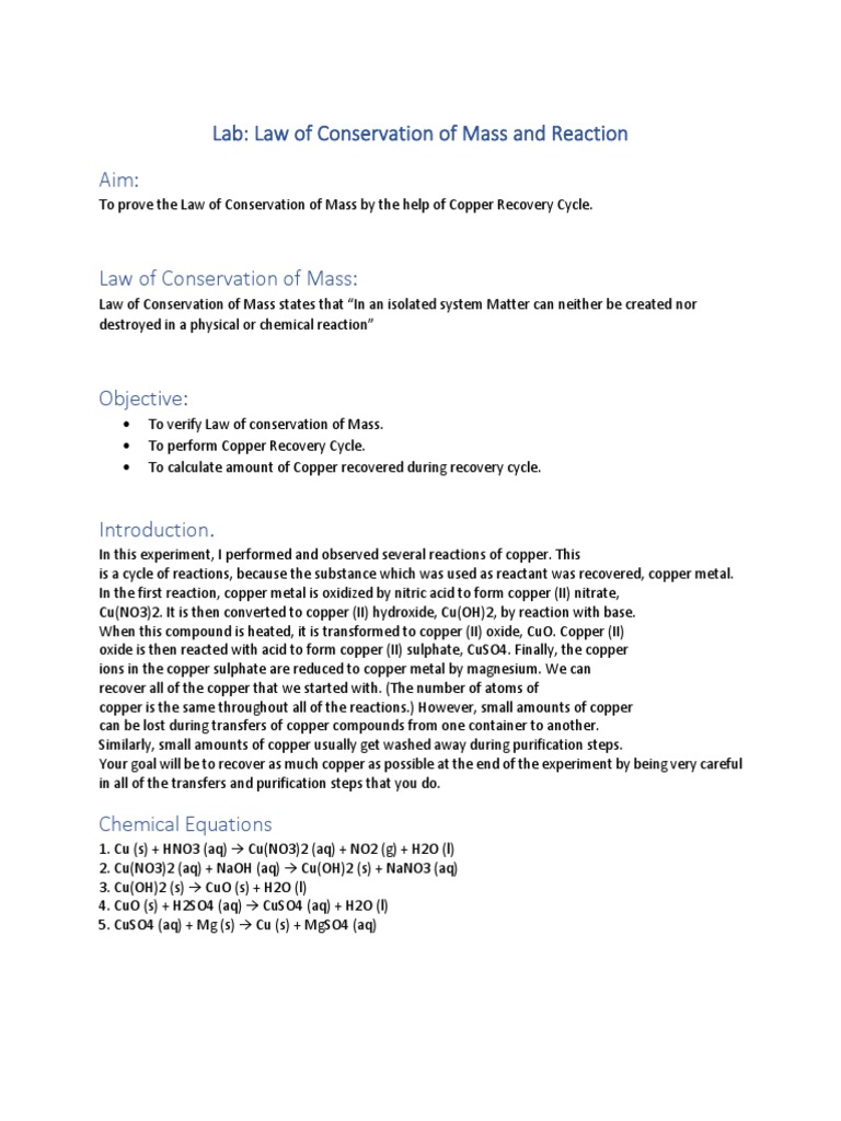 Lab: Law of Conservation of Mass and Reaction Aim | Download Free PDF ...