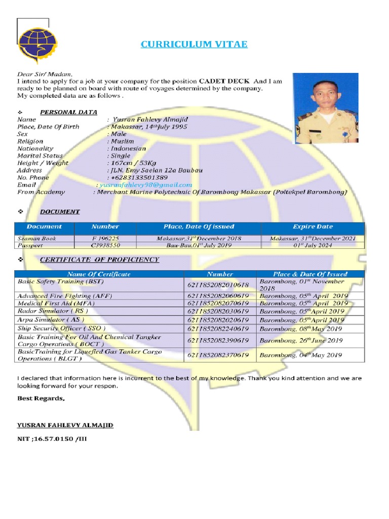 Contoh CV Cadet Pelaut | PDF