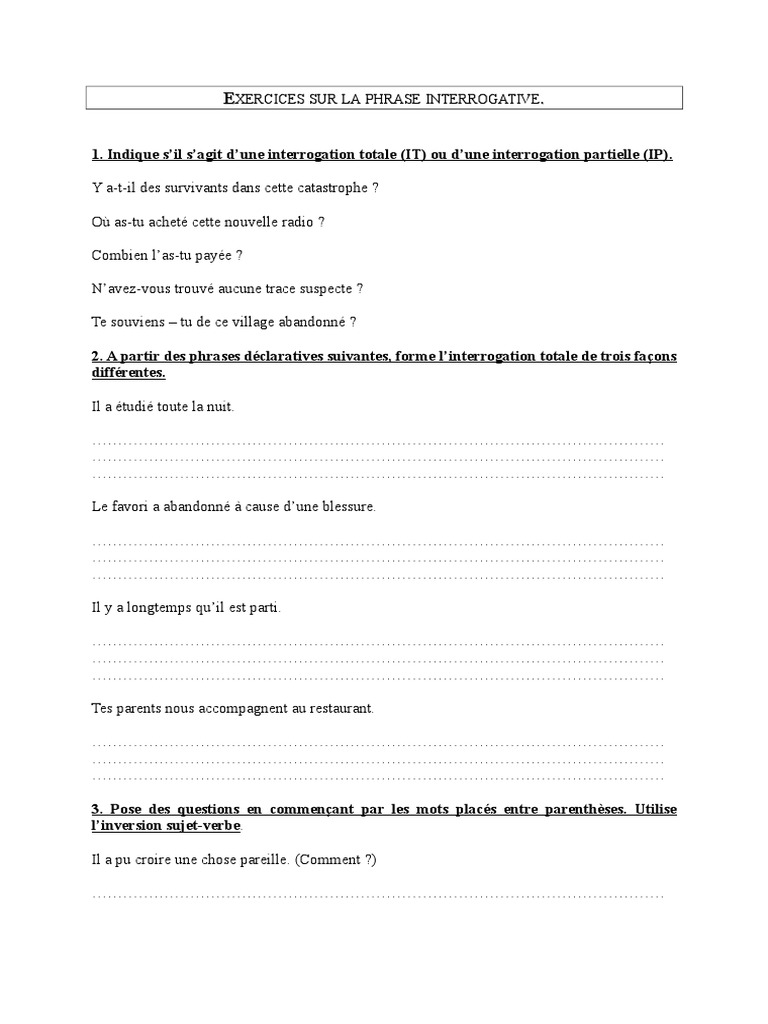 Exercices Sur La Phrase Interrogative 2 | PDF