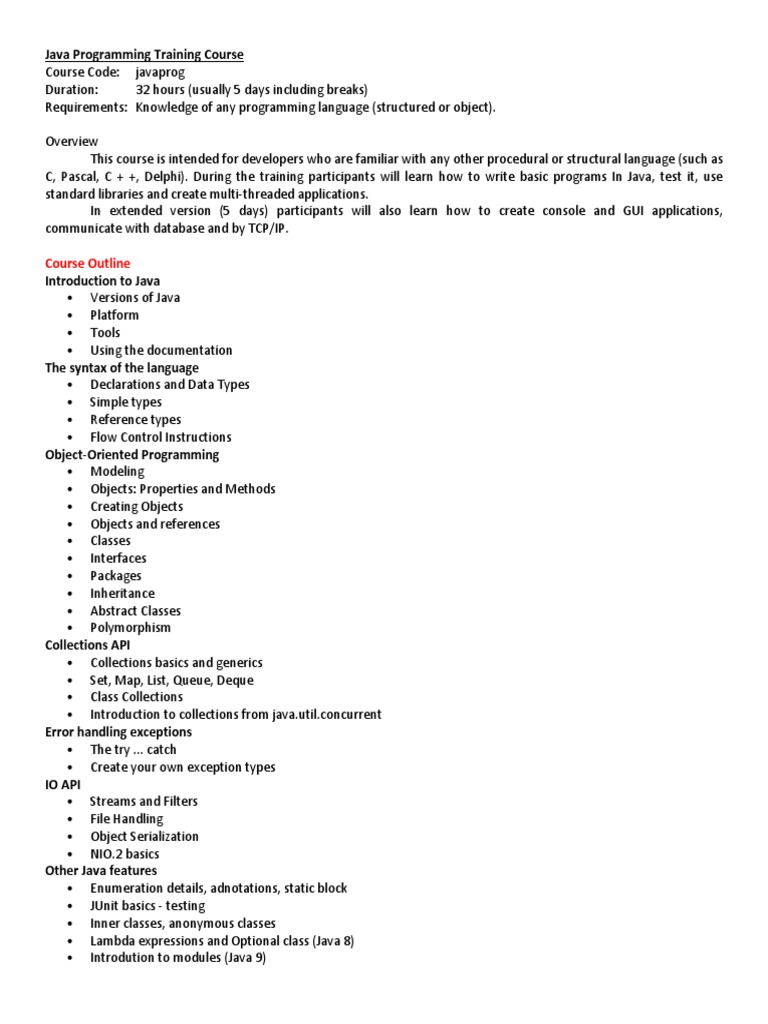 Java Programming Training Course Pdf Java Programming Language 8054