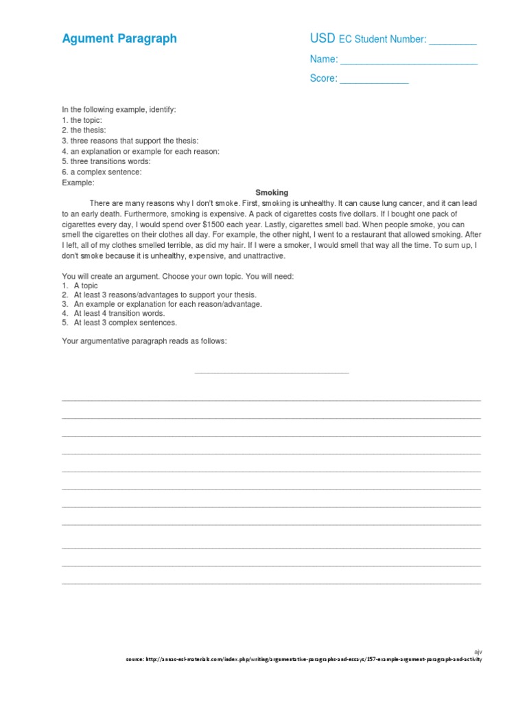 Argument Paragraph and Activity | PDF | Tobacco Smoking | Addiction