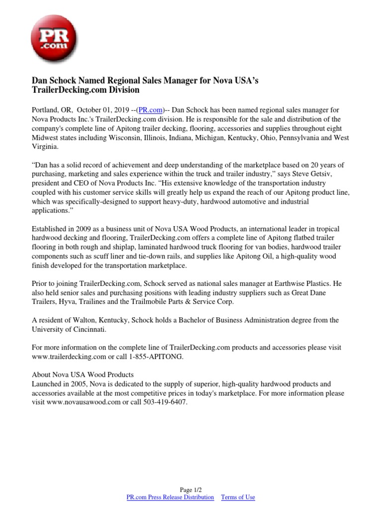 Dan Schock Named Regional Sales Manager For Nova USA's TrailerDecking ...