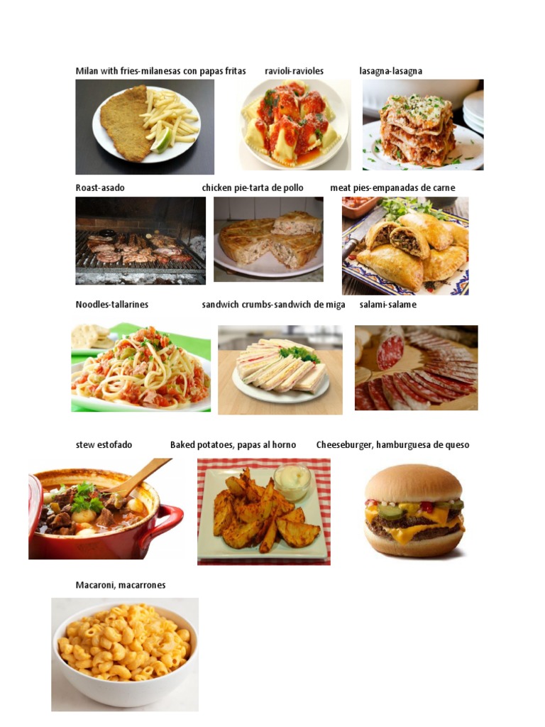 13 Comidas en Ingles y Español y 12 Bebidas | PDF