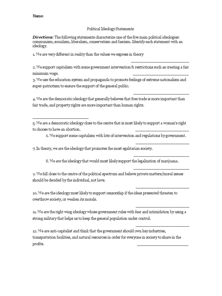 Identify Political Ideologies Quiz | PDF | Right Wing Politics | Ideologies