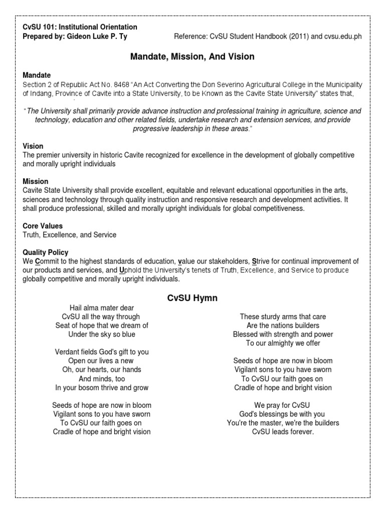 HANDOUT 1 Mandate Mission and Vision With CvSU Hymn | PDF | Behavior Modification | Learning