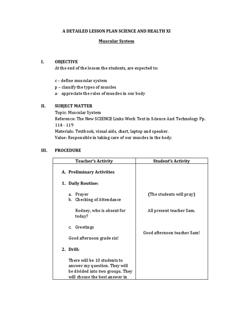 A Detailed Lesson Plan Science and Health Xi Muscular System | PDF ...