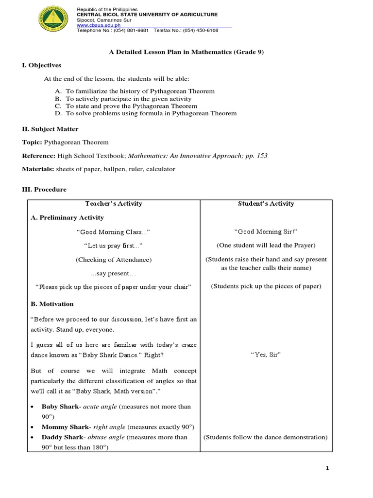 Detailed Lesson Plan in Mathematics (Pythagorean Theorem) | PDF | Area ...