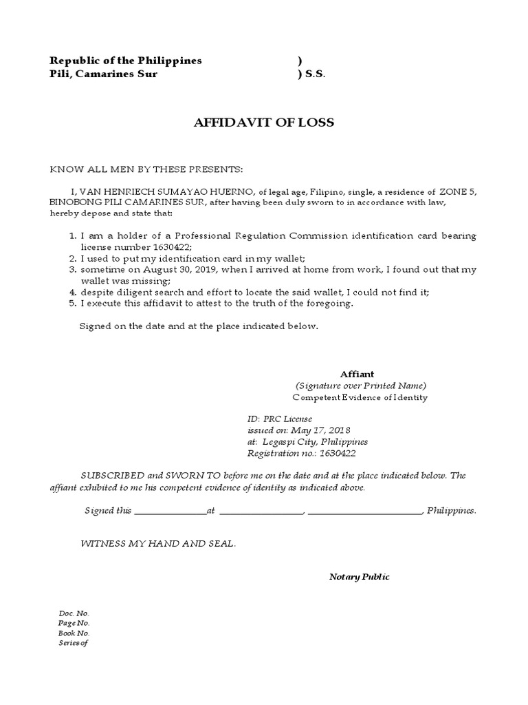 Affidavit of Loss for PRC ID | PDF