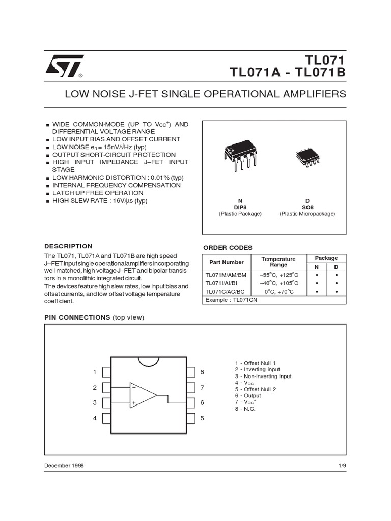 TL071 PDF | PDF | Operational Amplifier | Amplifier