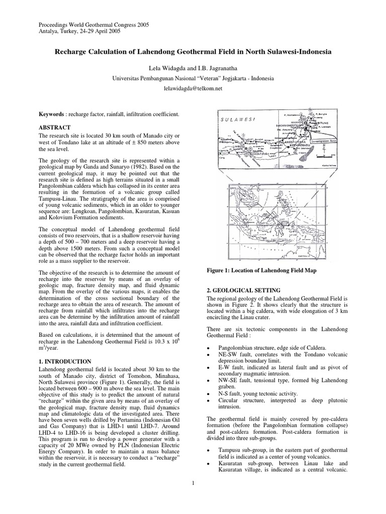 Recharge Calculation of Lahendong Geothermal Field in North Sulawesi ...