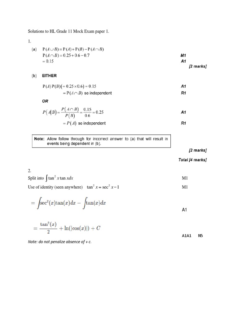 Solutions To HL Grade 11 Mock Exam Paper 1, 2019 | PDF