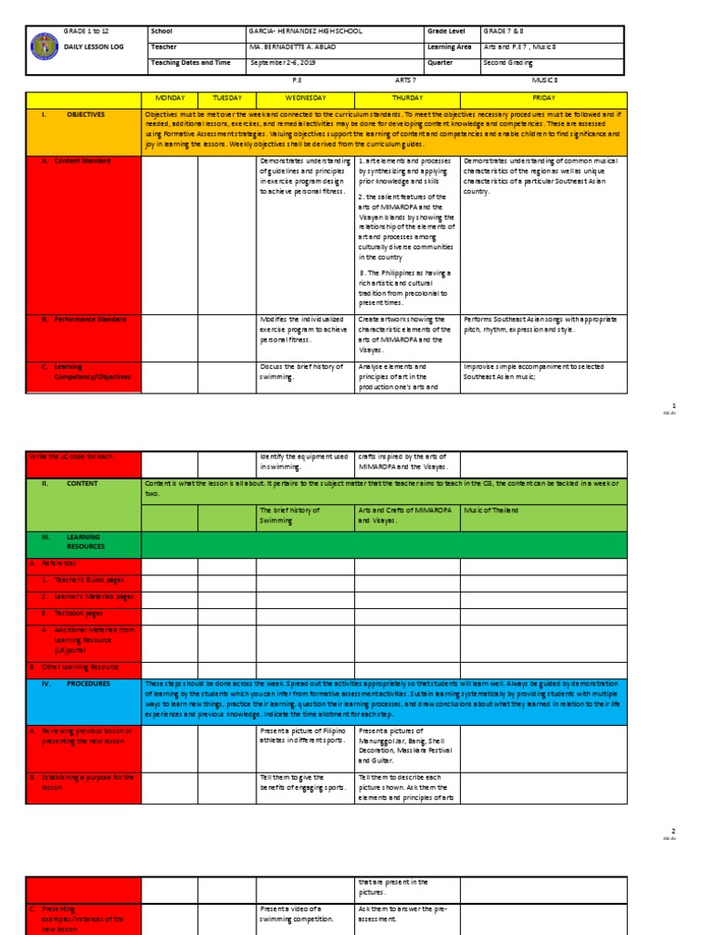 School Grade Level Teacher Learning Area Teaching Dates And Time