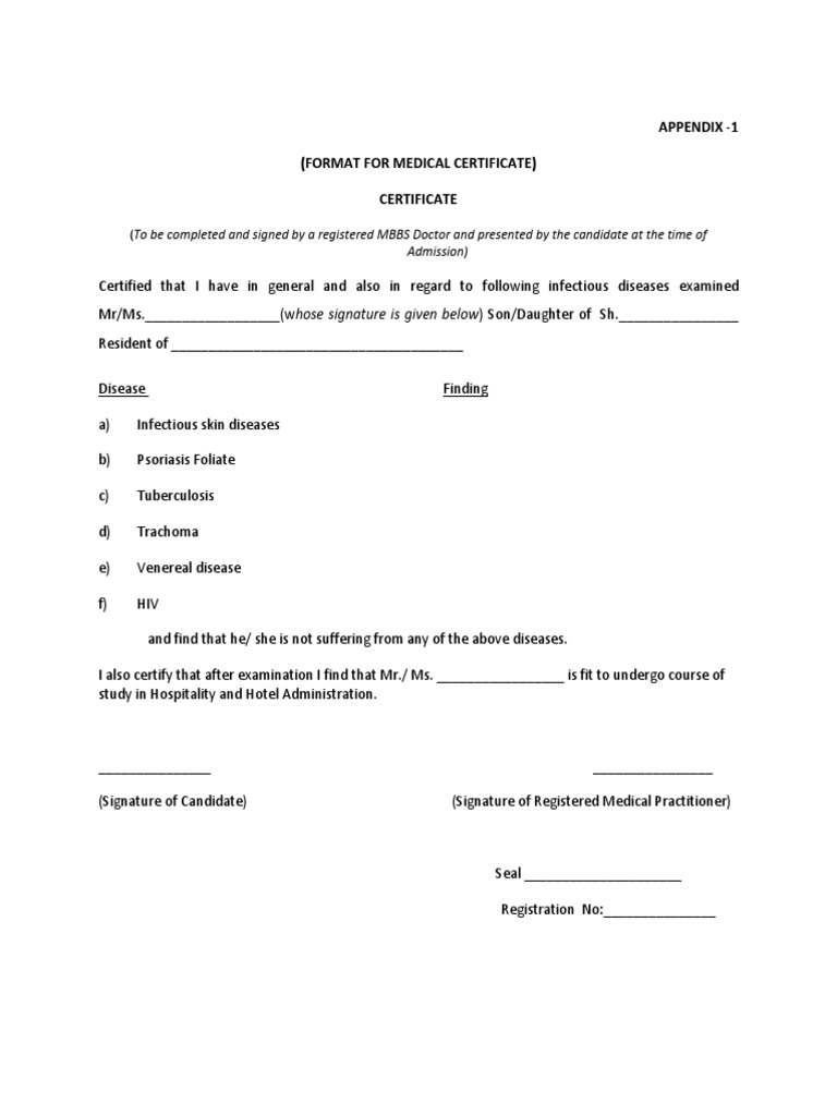 Appendix - 1 (Format For Medical Certificate) Certificate | PDF